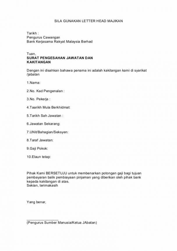 Contoh Surat Pengesahan Majikan Untuk Pelbagai Fungsi
